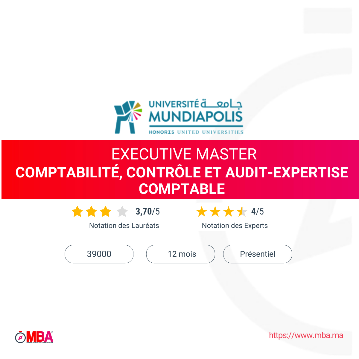Executive Master en Comptabilité, Contrôle et Audit (Mundiapolis)